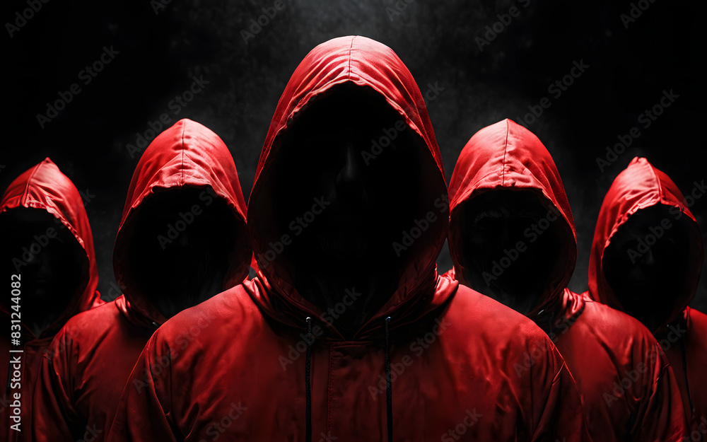 Members of a mysterious sect wearing red hoods against a dark ...