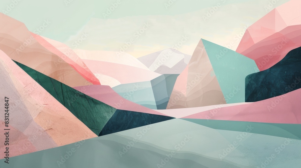 Stylized digital artwork of mountain scenery with soft pastel colors ...