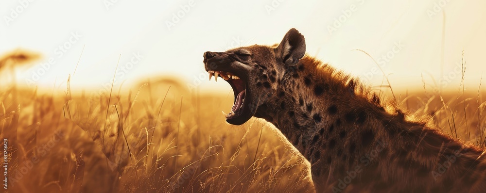 A fierce hyena roaring in the golden grasslands during sunset ...