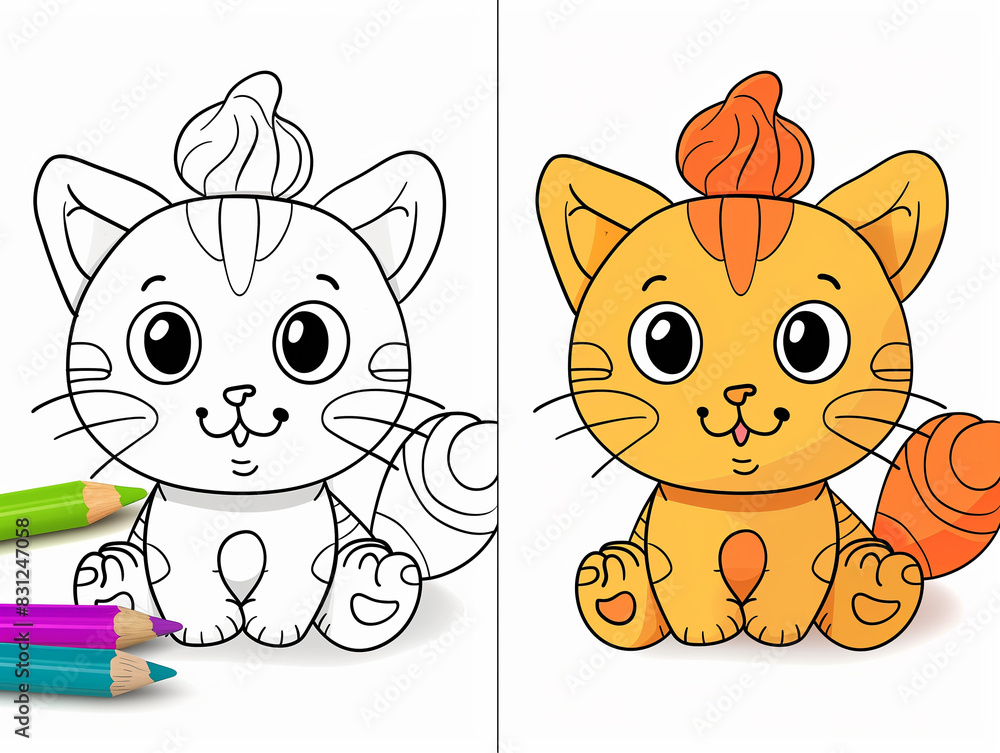 Cartoon cat coloring page and reference. Cute animal coloring book page ...