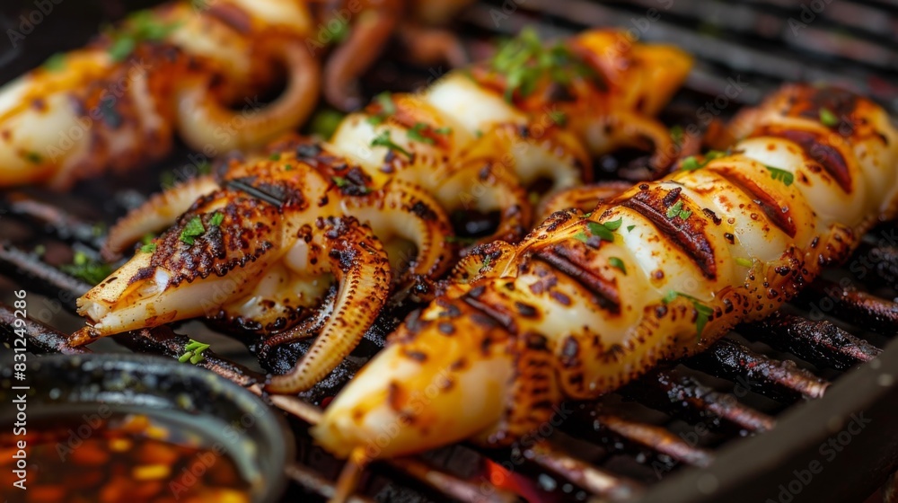Sizzling grilled squid on a barbecue grill, charred and tender ...