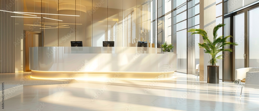 Modern and sleek corporate reception area with minimalist design, large ...