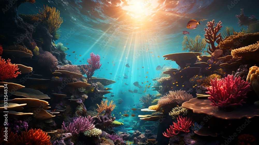 Sunlit underwater scene of vibrant coral reefs and marine life ...