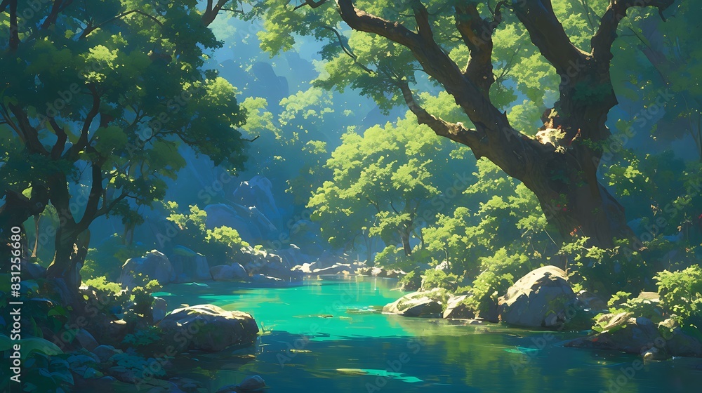 Dense Forest and Clear River: Draw a picture of a dense forest with a ...