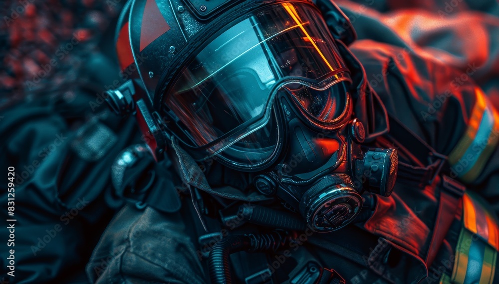 Closeup of firefighter gear and helmet, top view, emphasizing readiness ...