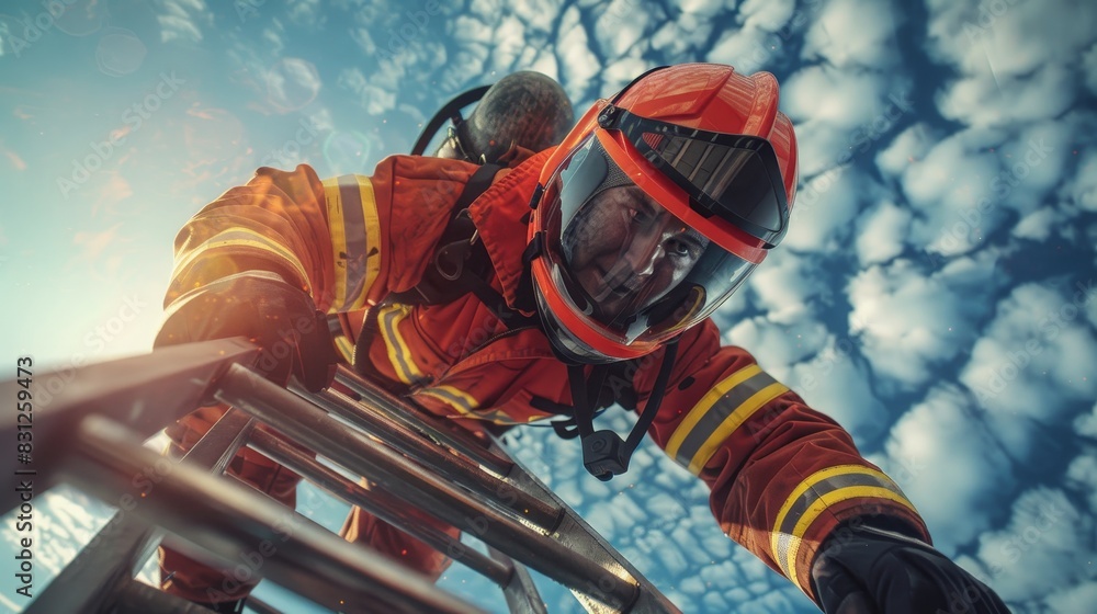 Firefighter climbing a ladder to rescue trapped individuals, front view ...