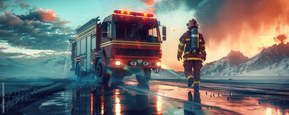 Firefighter at the scene with a fire truck and equipment, front view ...