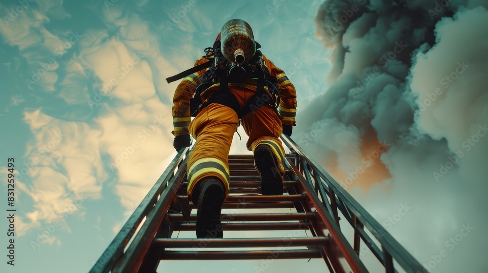 Firefighter climbing a ladder to rescue trapped individuals, front view ...
