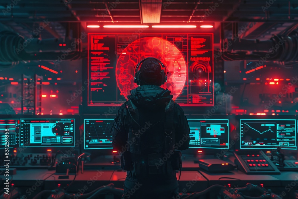 Hacker fighter at a terminal with encrypted data, front view ...