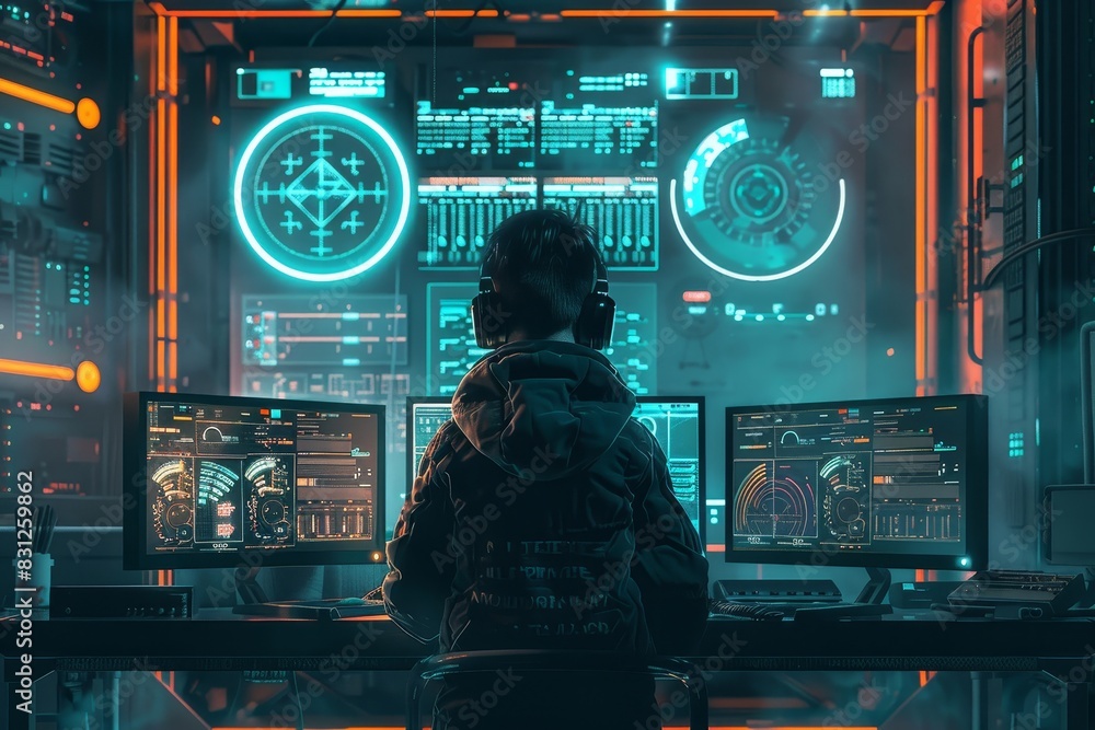 Hacker fighter at a terminal with encrypted data, front view ...