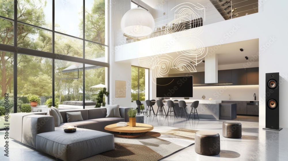 Wireless multi-room speaker system in a modern house, showing speakers ...