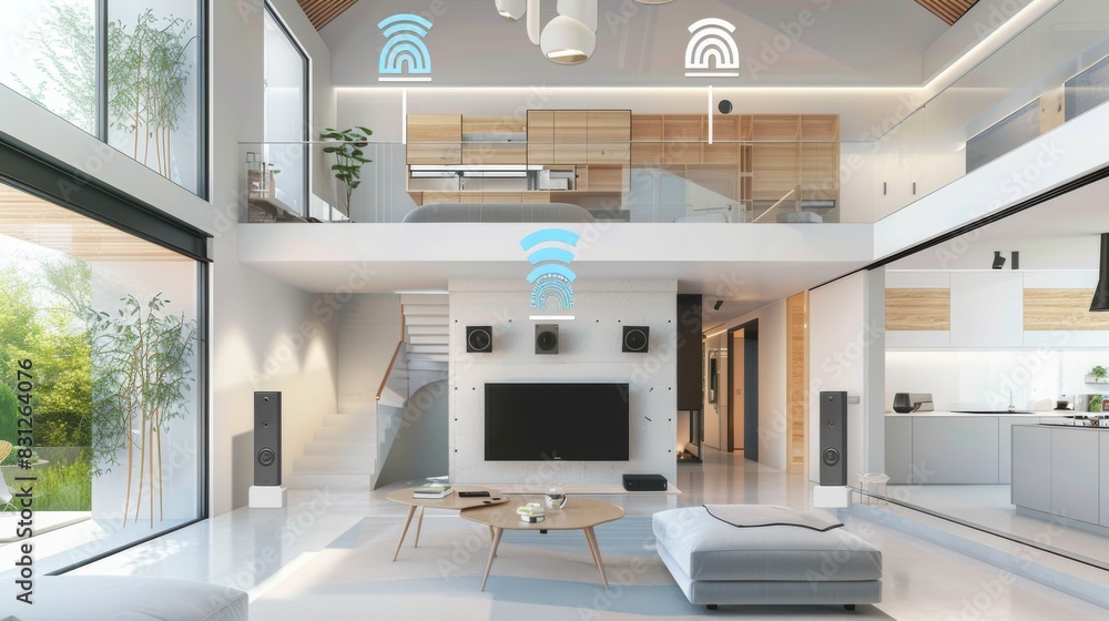 Wireless multi-room speaker system in a modern house, showing speakers ...