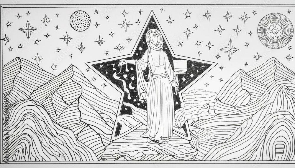 coloring book line art, The Star tarot card simplified, synthwave art ...