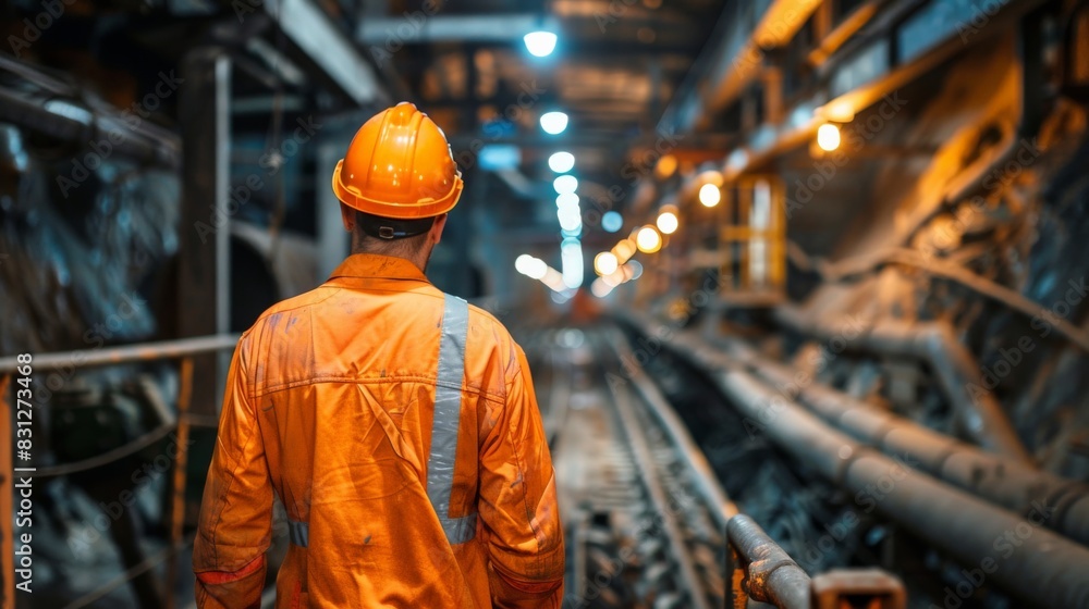 The photo shows a worker in an industrial setting A miner wearing an ...