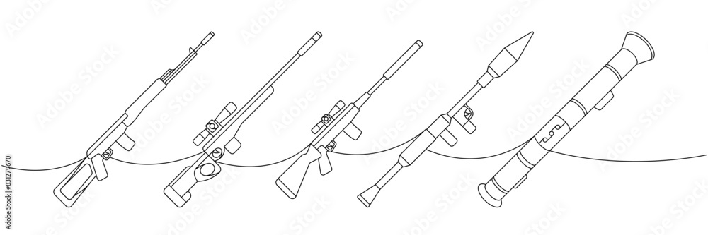 Various weapons one line continuous drawing. Sniper rifles, anti-tank ...