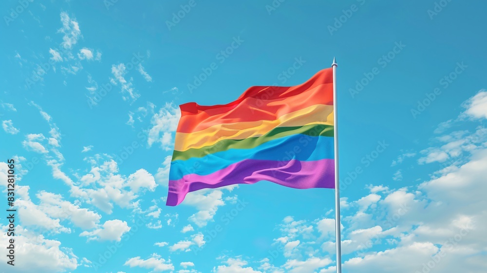 Rainbow flag waving on blue sky background. "Create an ultrarealistic ...
