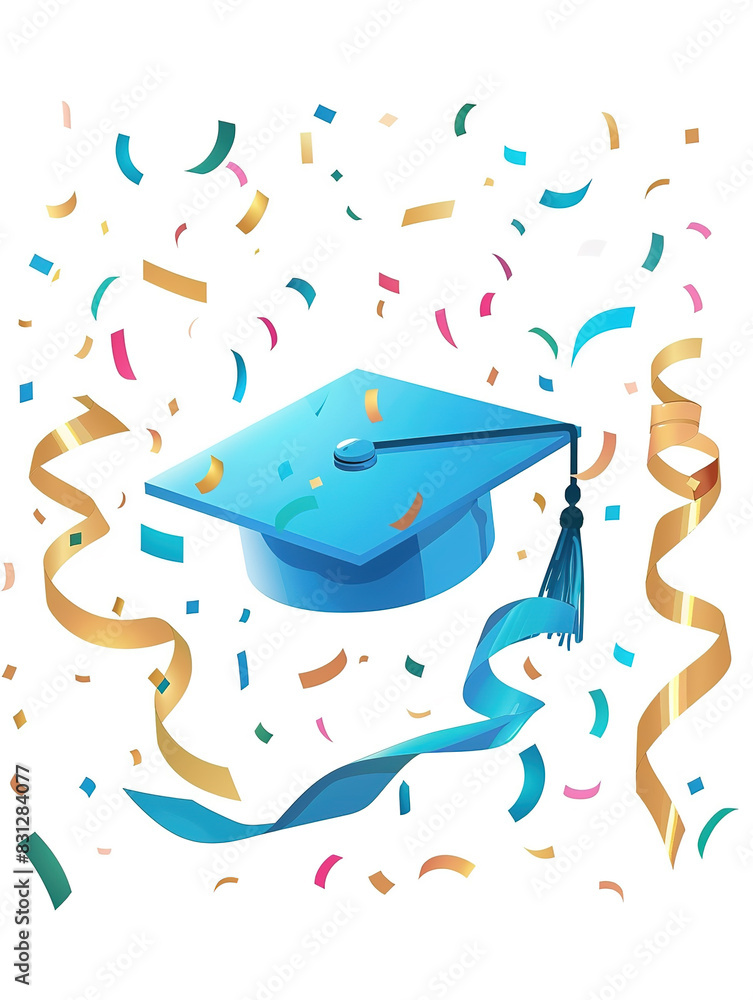 University degree hats and fireworks on a flat and solid color ...