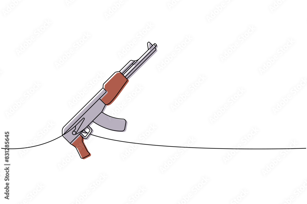 Assault rifle AK 47 one line colored continuous drawing. Various modern ...