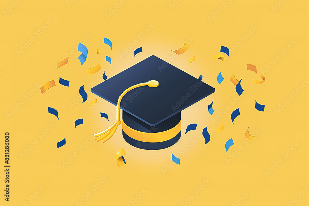 University degree hats and fireworks on a flat and solid color ...