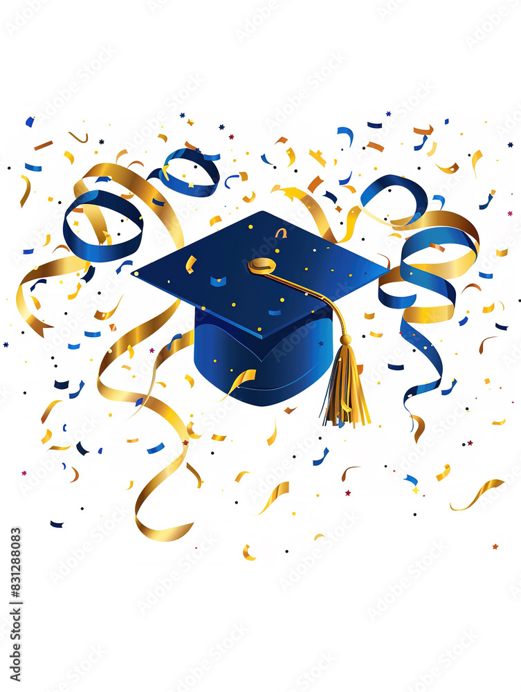 University degree hats and fireworks on a flat and solid color ...