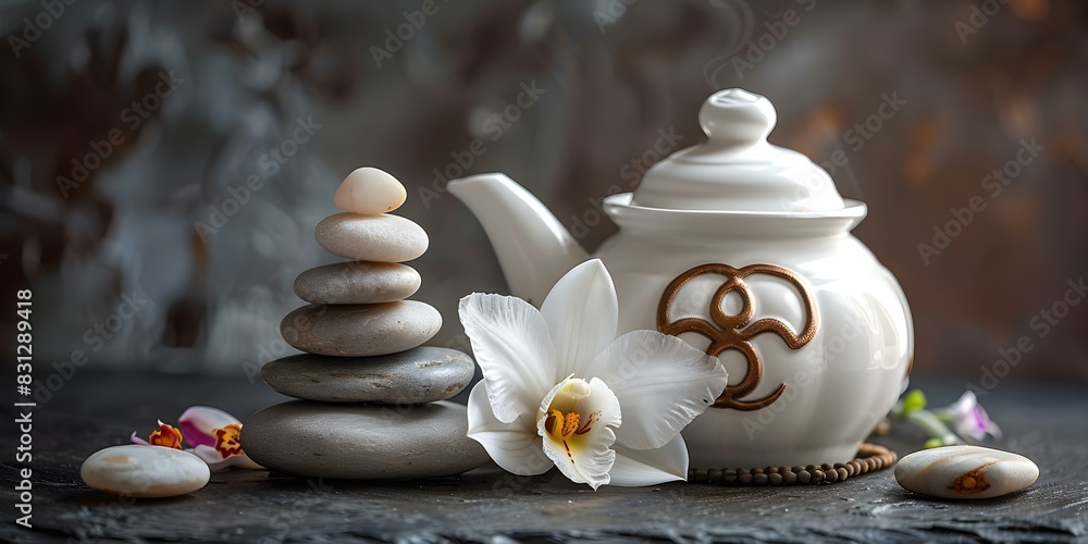 Zen-themed composition featuring a white ceramic Neti pot with OM ...