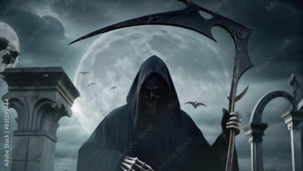 Grim Reaper Holding a Scythe Full Moon 4K Loop features an A.I ...