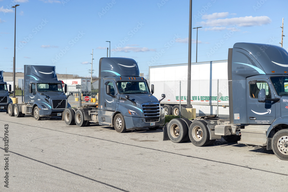 Hebron, Kentucky, USA - 02.02.2024: Line of parked Amazon trucks at a ...