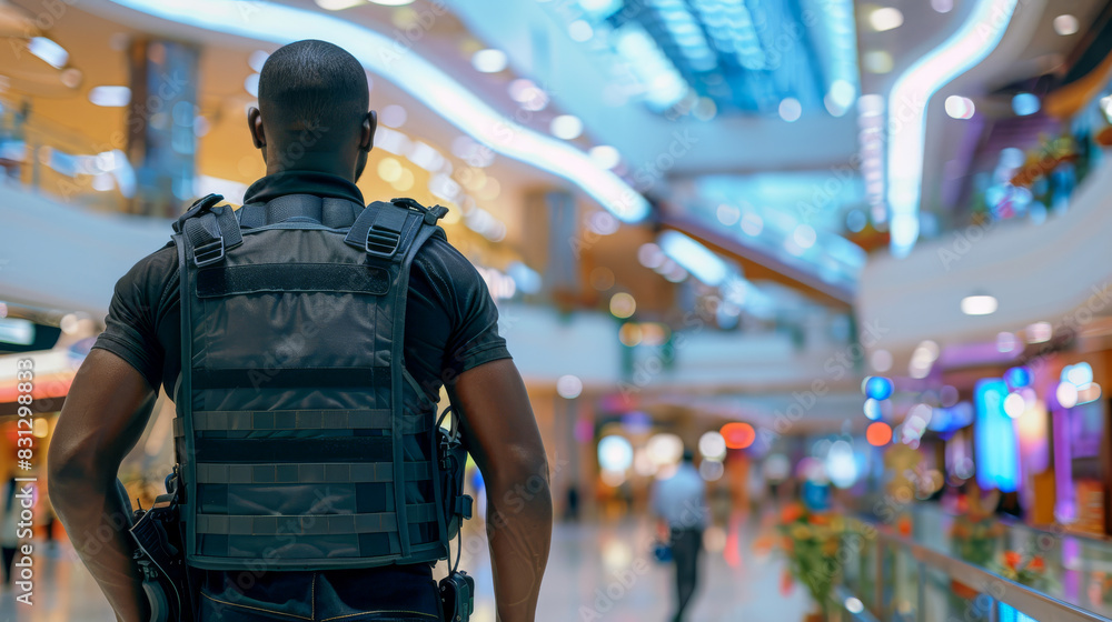 Black security guard watching over mall, seen from behind in uniform ...
