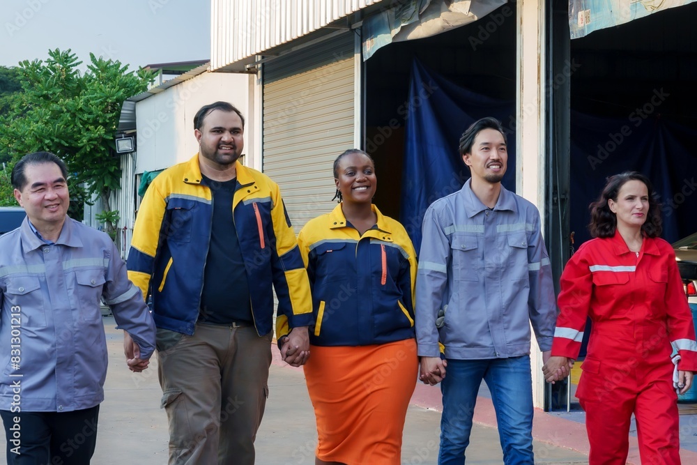 mechanics walking hand in hand outside auto repair shop. Wearing ...