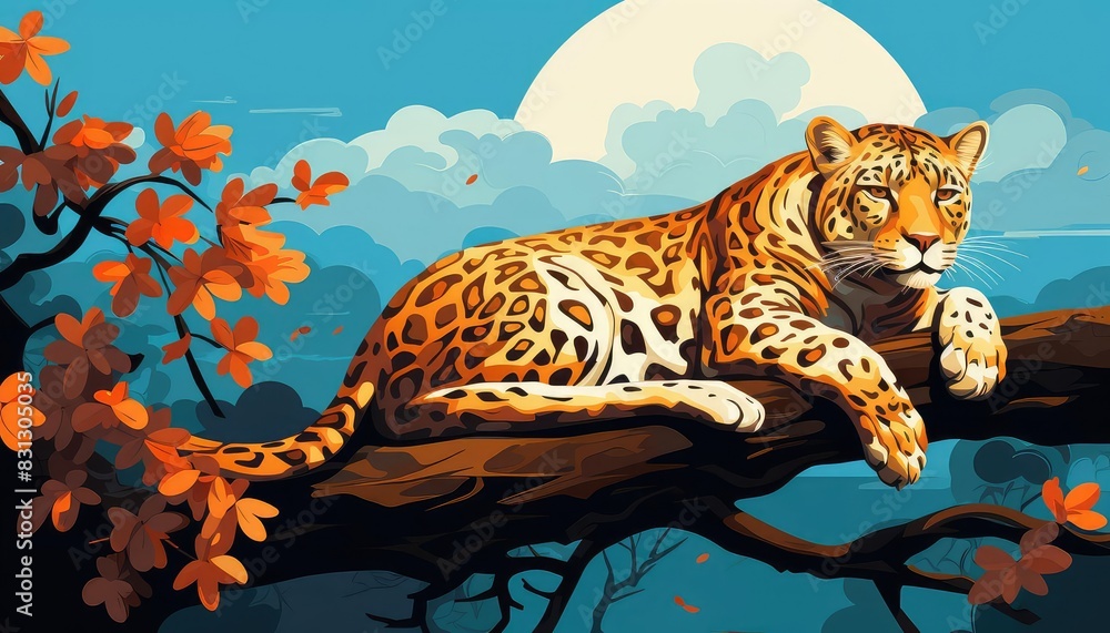 Leopard resting on tree branch, flat design, side view, rainforest ...