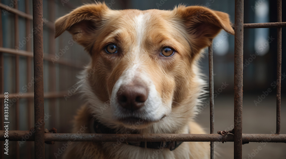 Portrait of a stray homeless dog in an animal shelter cage with a sad ...
