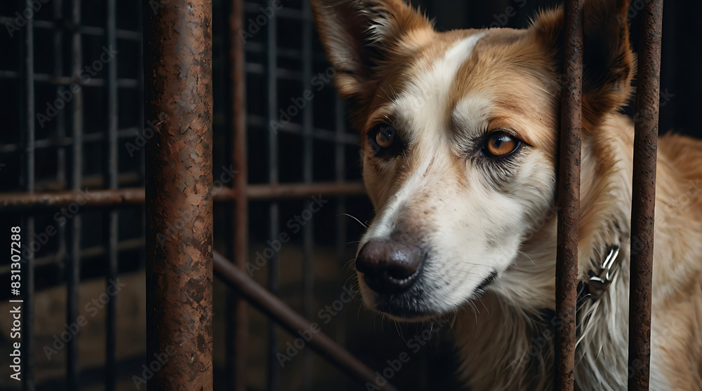 Portrait of a stray homeless dog in an animal shelter cage with a sad ...