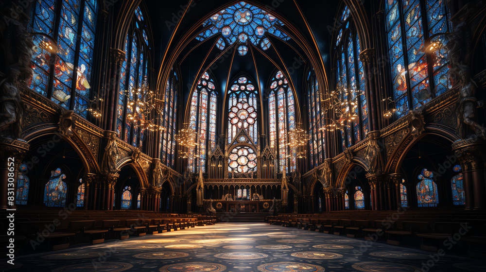 inside of a Gothic cathedral. The ribbed vault ceiling is supported by ...