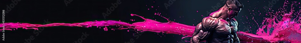 Muscular bodybuilder in a vibrant pink splash isolated on a dark ...