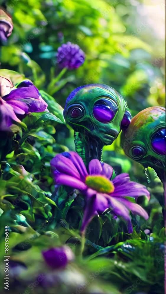 Green aliens with large eyes among purple flowers in a lush landscape ...