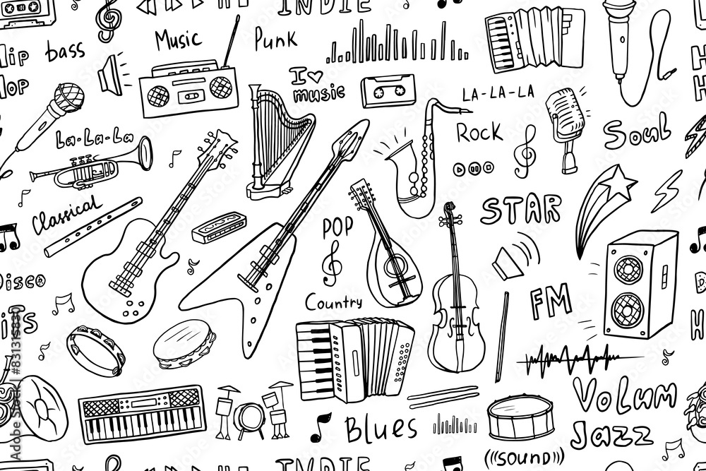 Seamless pattern of music instruments. Violin, harp, banjo, guitar ...