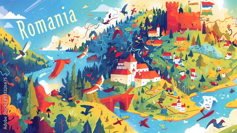 Educational "Romania" map illustration for kids, colorful scheme Stock ...