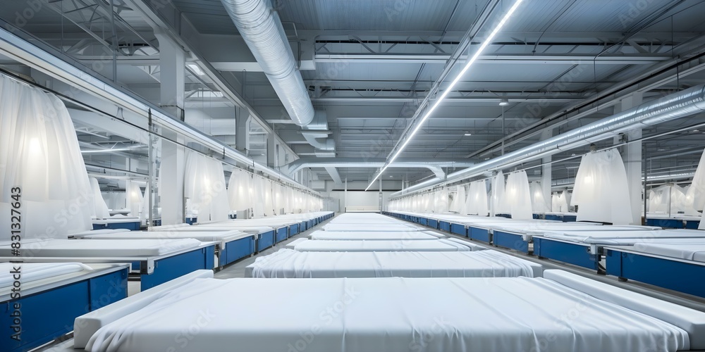 Mattress rows in factory symbolize textile industry mass production ...