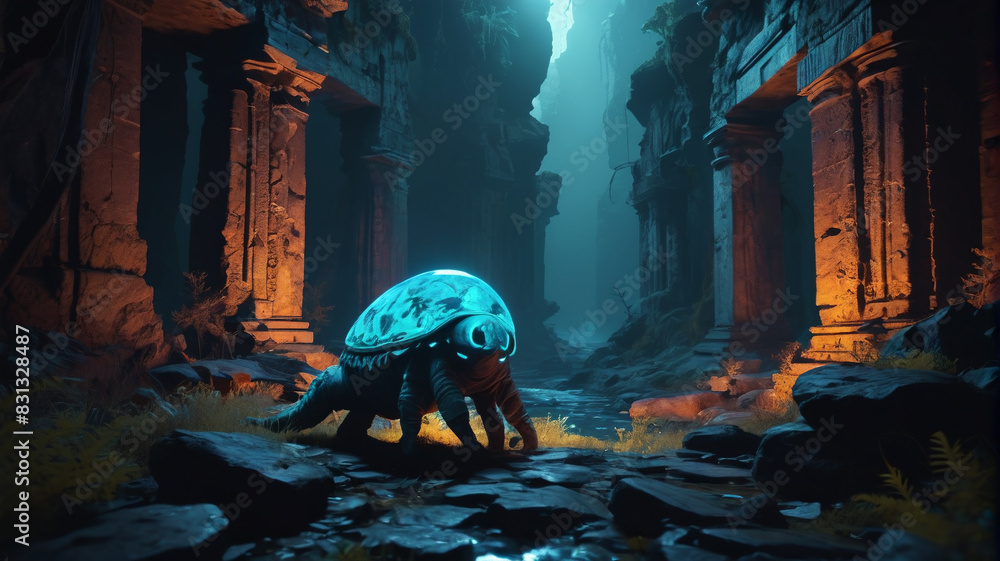 In the Enigmatic Ruins, creatures with bioluminescent markings blend ...