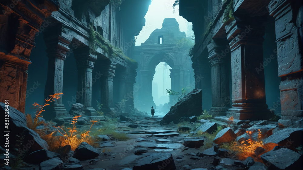 In the Enigmatic Ruins, creatures with bioluminescent markings blend ...