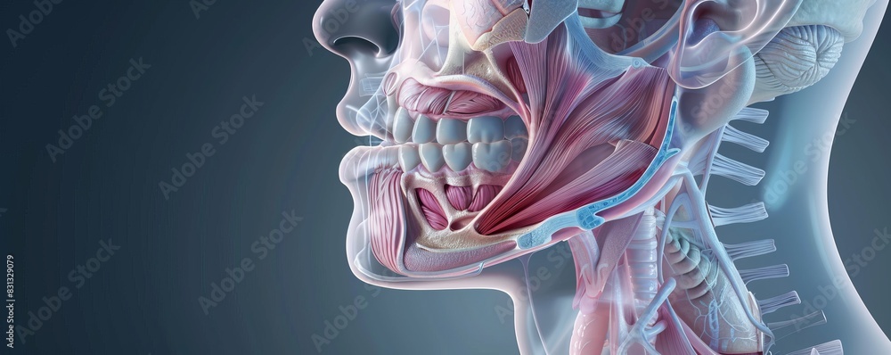 Anatomical side view of human face showing soft palate of pale pink and ...