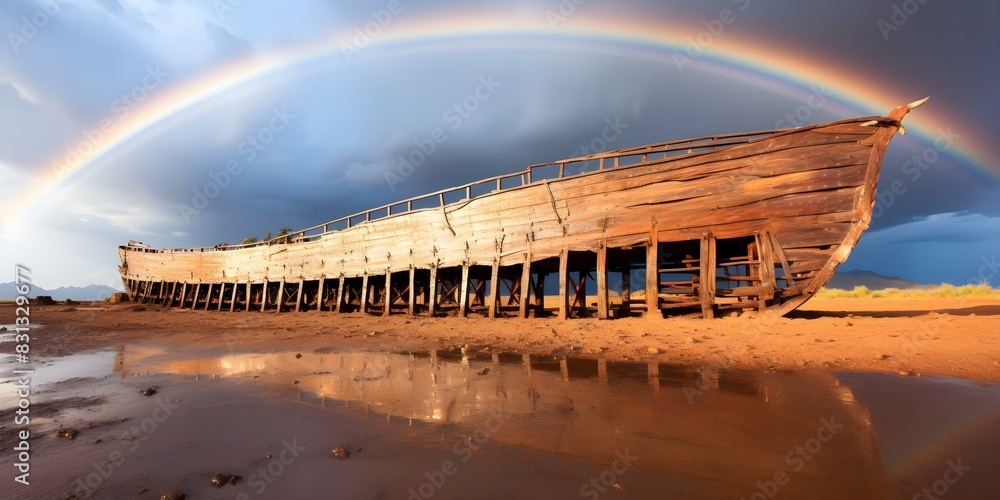 Noahs Ark with rainbow symbolizes Gods covenant after the Great Flood ...