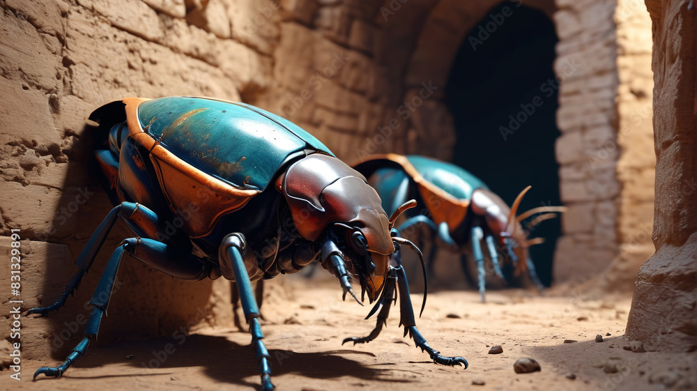 Deep in the Chitinous Citadel, colossal beetles scuttle along towering ...