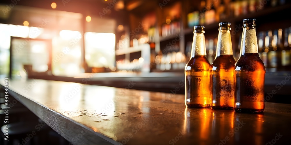 Blurry bar background with cold beer bottles in metal bucket. Concept ...