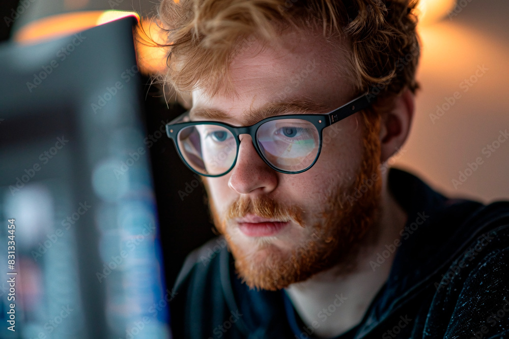 Dimly lit scene with a person meticulously using a computer, reflecting ...