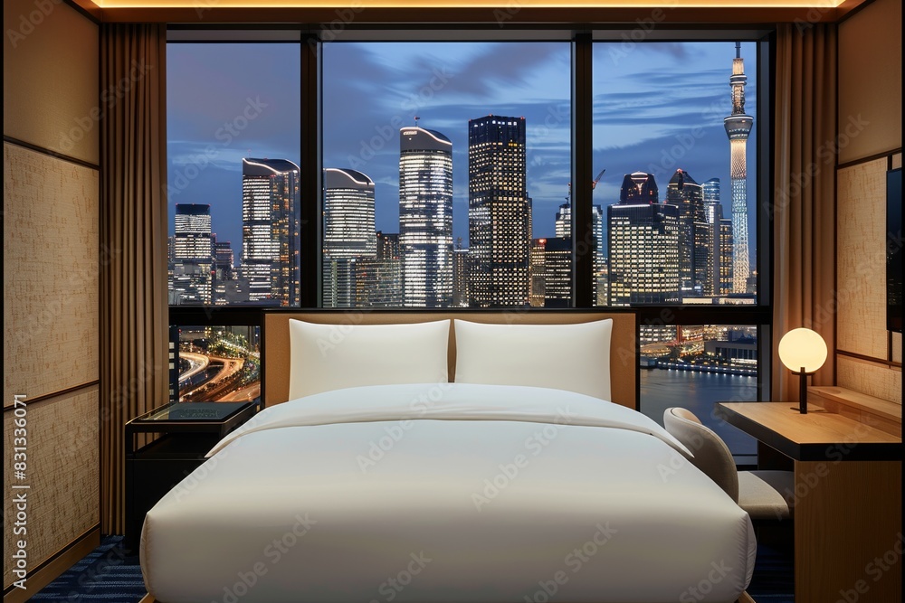 Luxurious hotel room with city view, featuring modern decor and high ...
