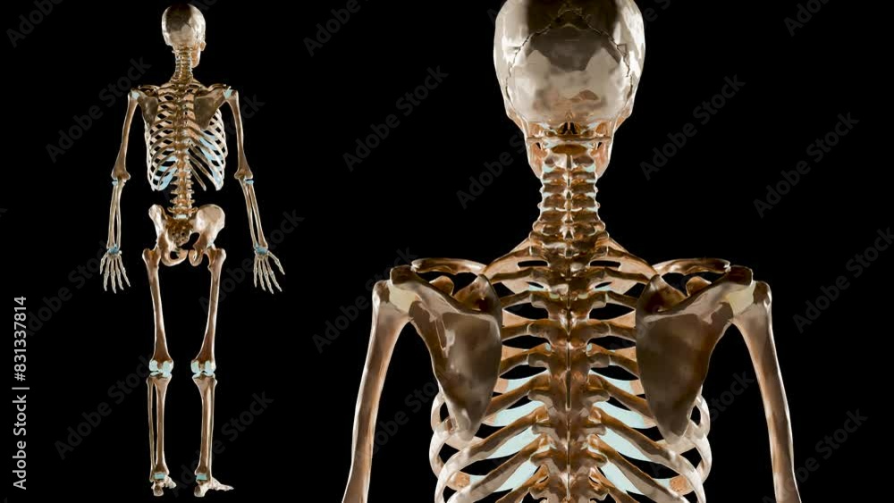 loop animation of human male skeleton rotating on black background ...