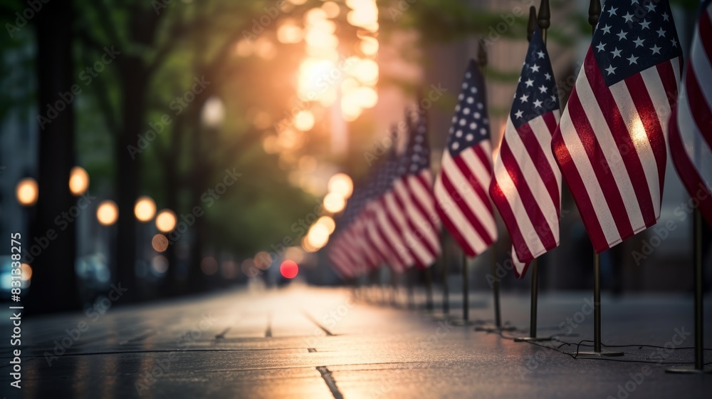 Patriotic display of american flags aligned on urban street to honor ...