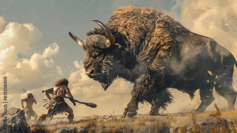 prehistoric neanderthal hunter confronting a massive woolly buffalo ...