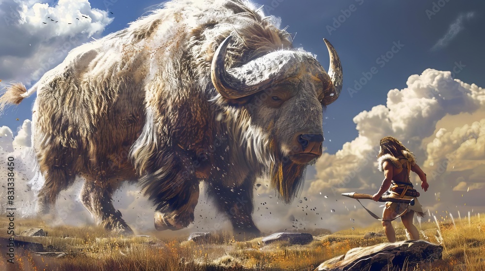 prehistoric neanderthal hunter confronting a massive woolly buffalo ...